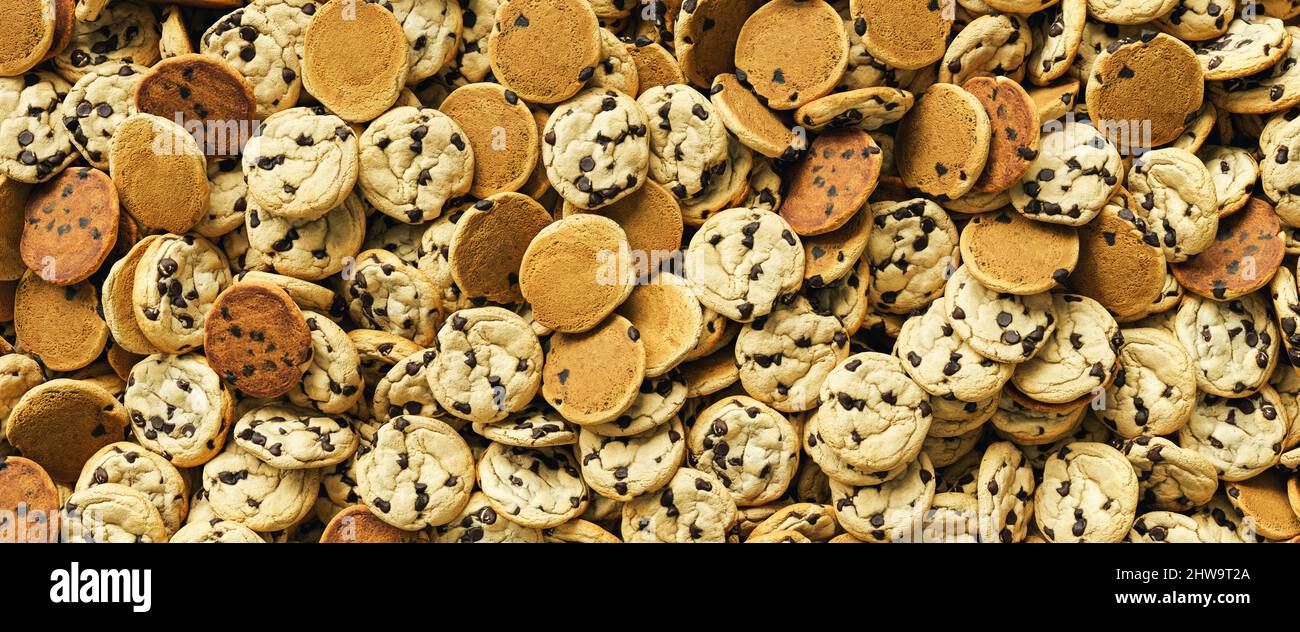Lots of fresh chocolate chip cookies as a biscuit background texture ...