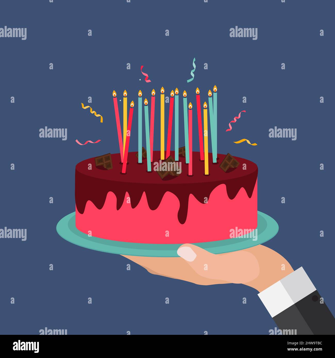 Flat Hand with Cake and Candles. Design Element for Party Invitation ... Flat Hand with Cake and Candles. Design Element for Party Invitation ...