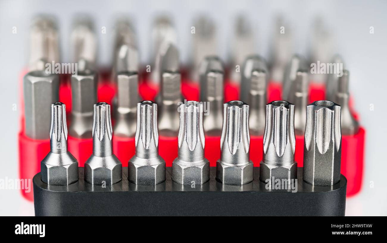 Closeup of metal torx, hexagon or pozidriv screwdrivers toolkits on ... Closeup of metal torx, hexagon or pozidriv screwdrivers toolkits on ...