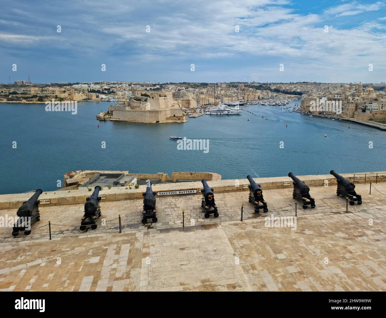 Cityscape view of Birgu with the view of Fort St. Angelo and the sea ...