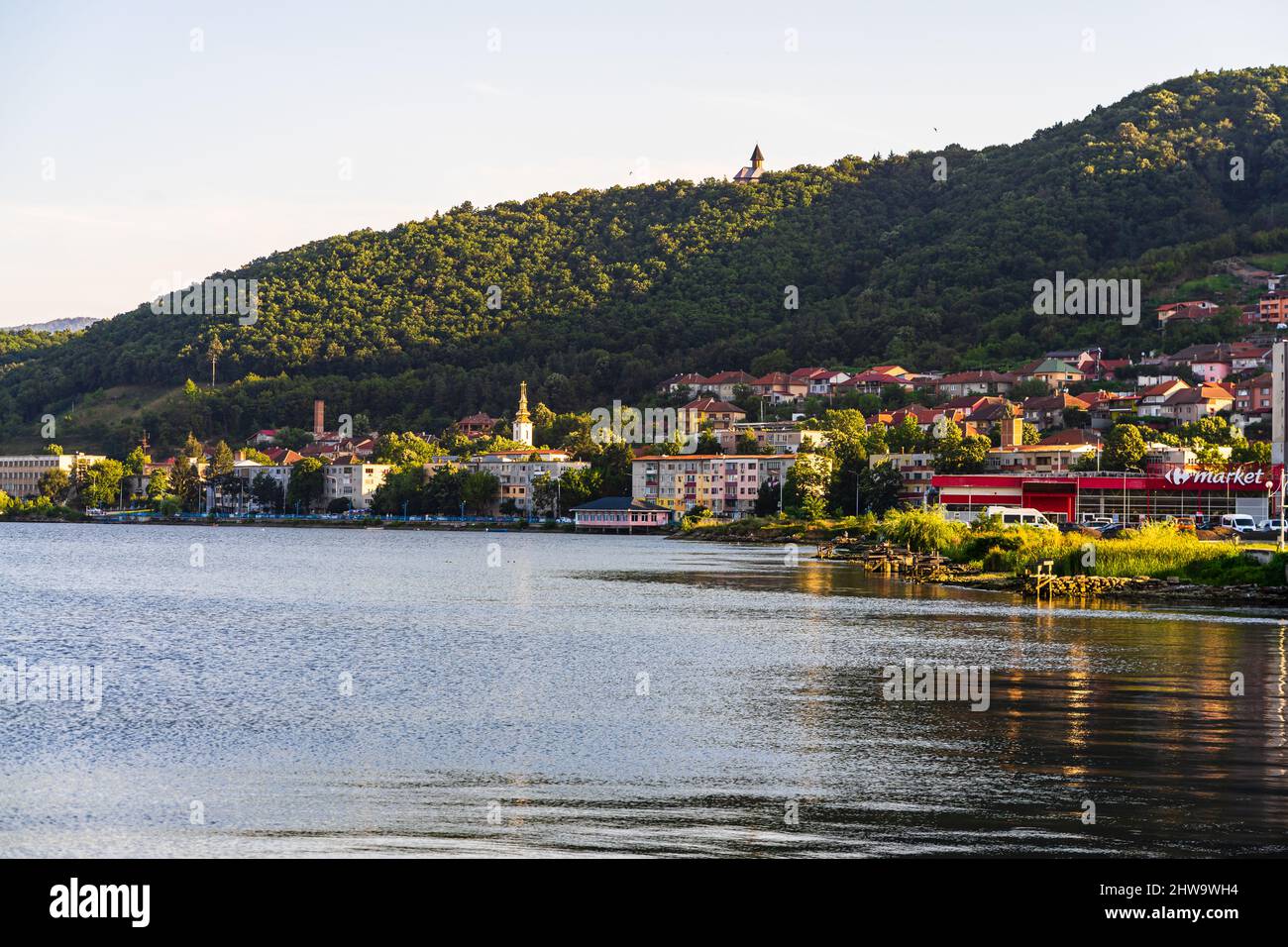 View of Danube river and Orsova city vegetation and buildings ...