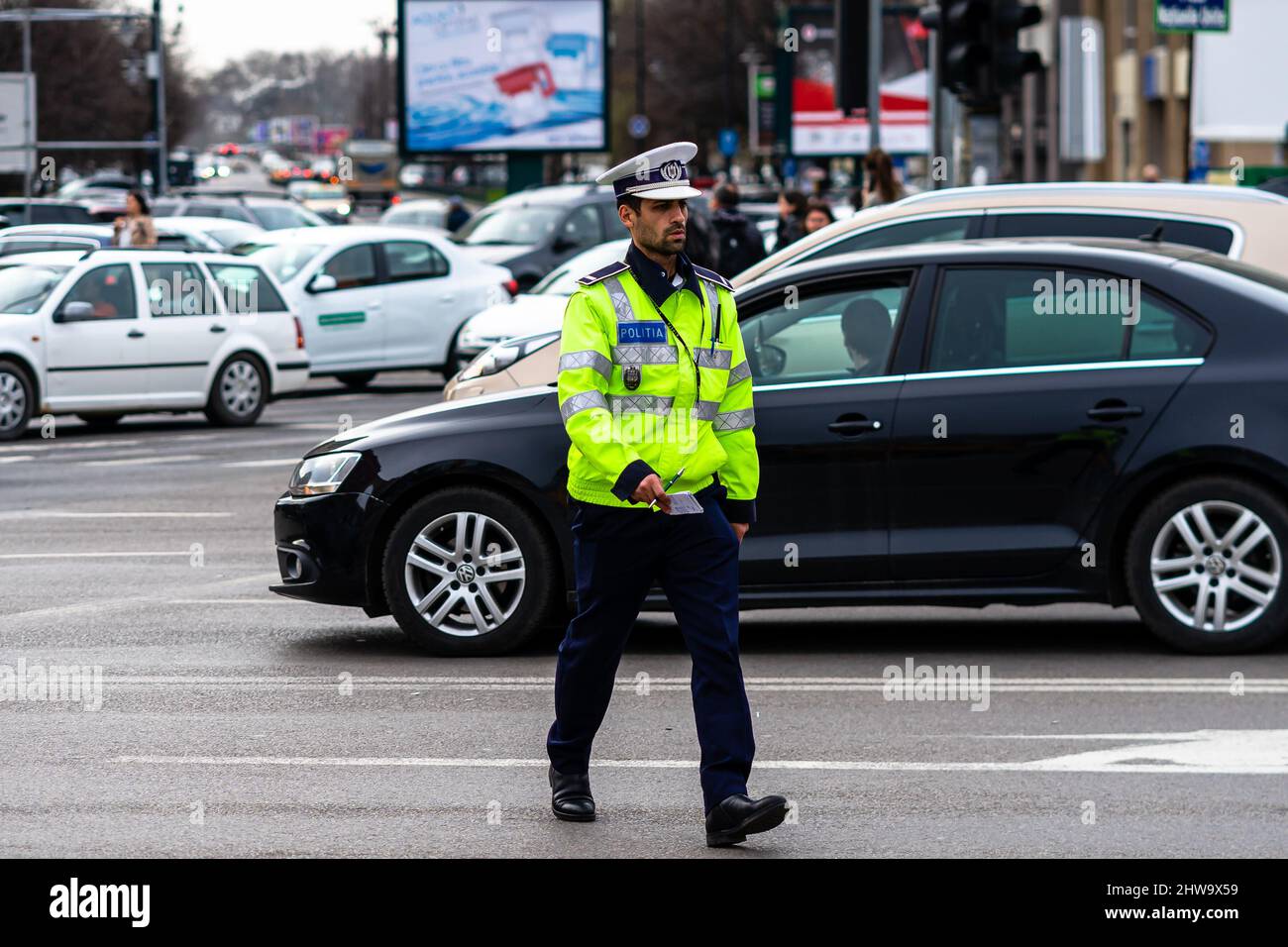 Police agent, Romanian Traffic Police (Politia Rutiera) directing ...
