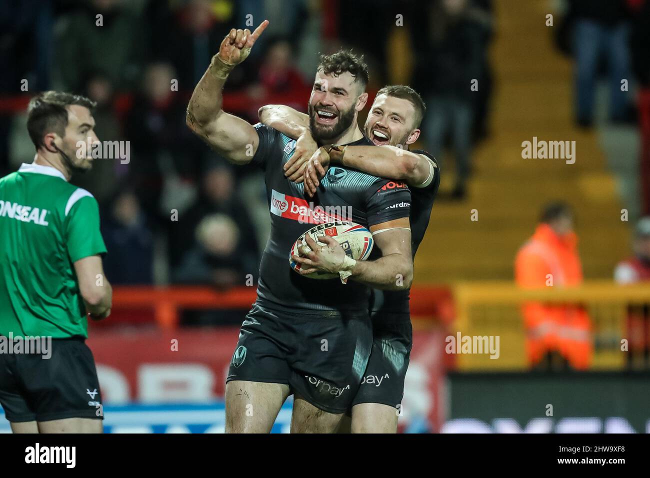 Alex Walmsley #8 of St Helens celebrates his try in the second half ...