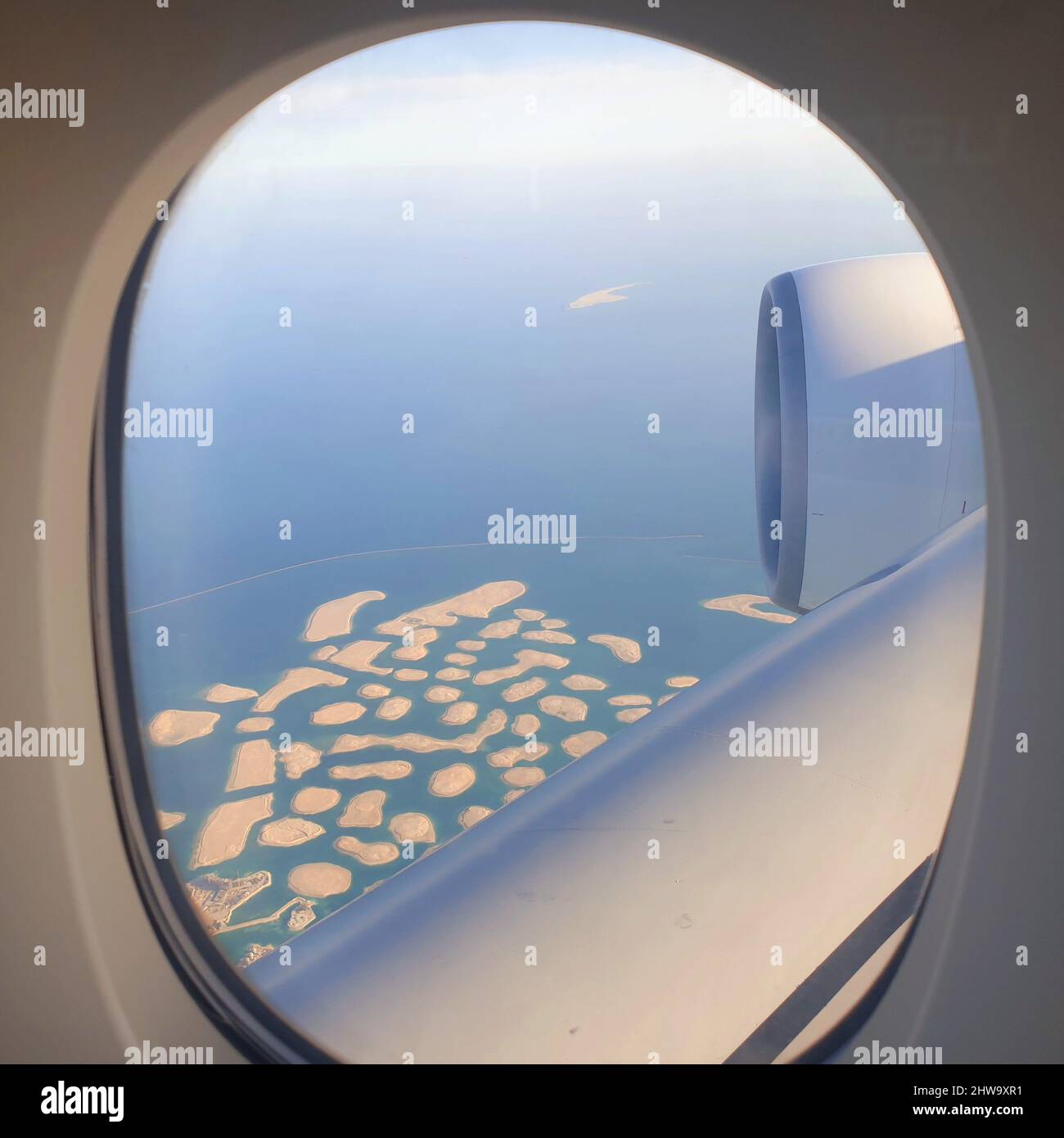 View from the window of an airplane of several small islands Stock ...