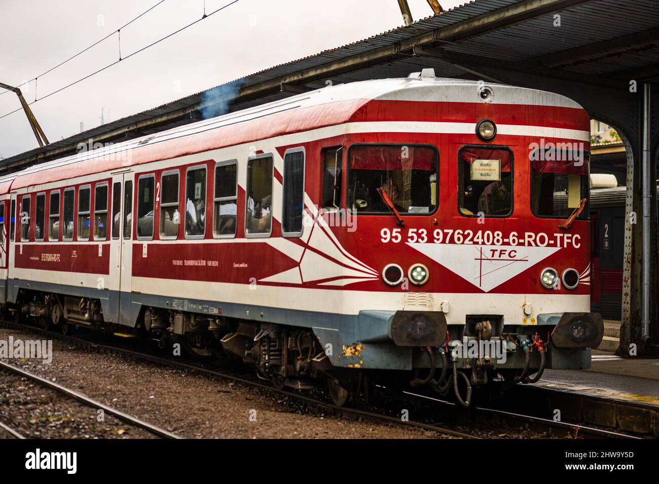 Train in motion or at train platform at Bucharest North Railway Station ...