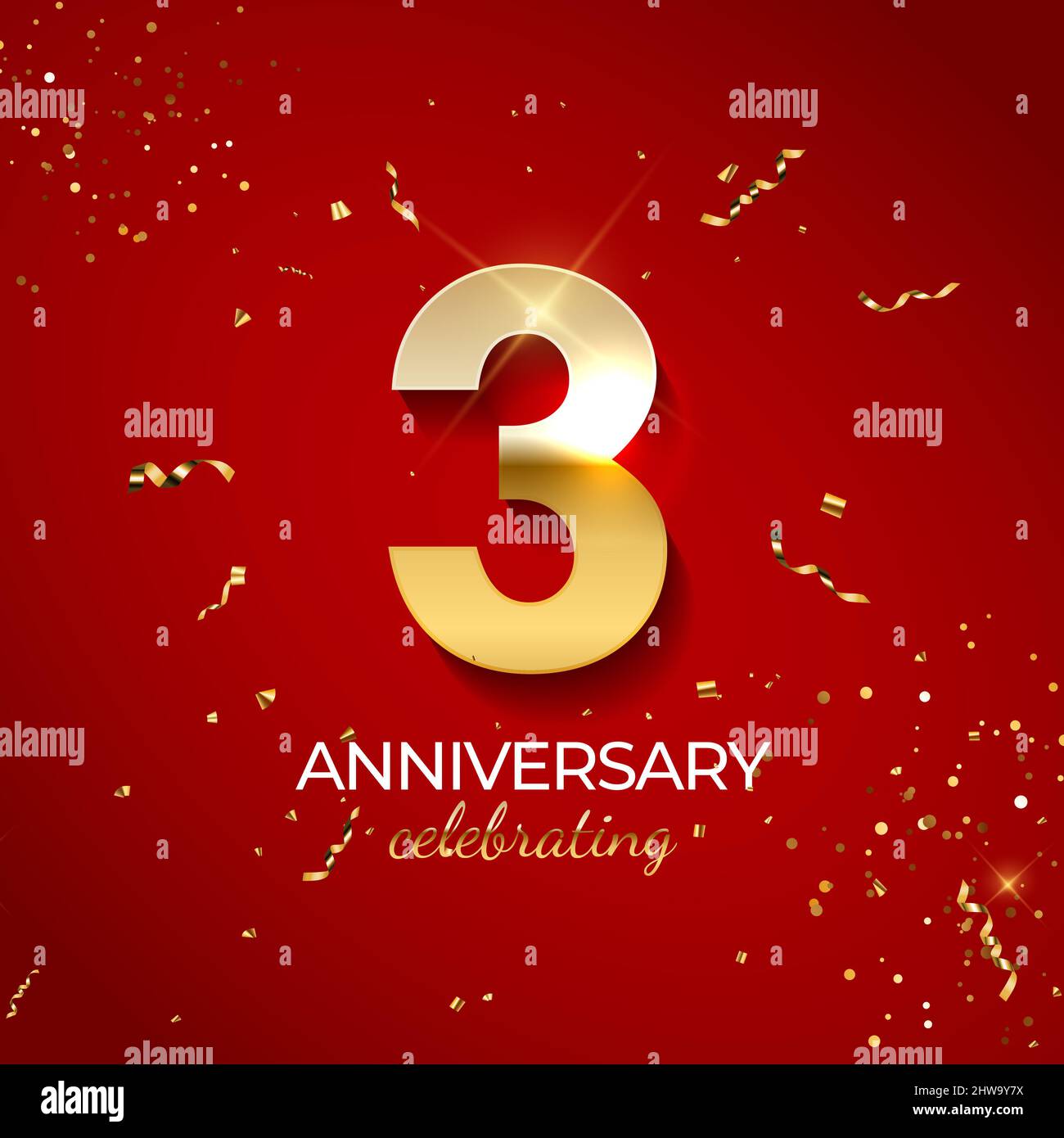 Anniversary celebration decoration. Golden number 3 with confetti ...