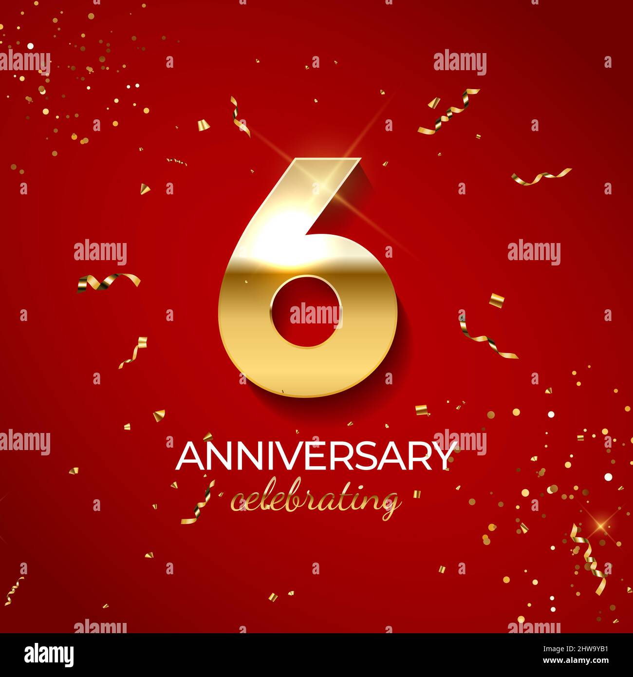 Anniversary celebration decoration. Golden number 6 with confetti ...