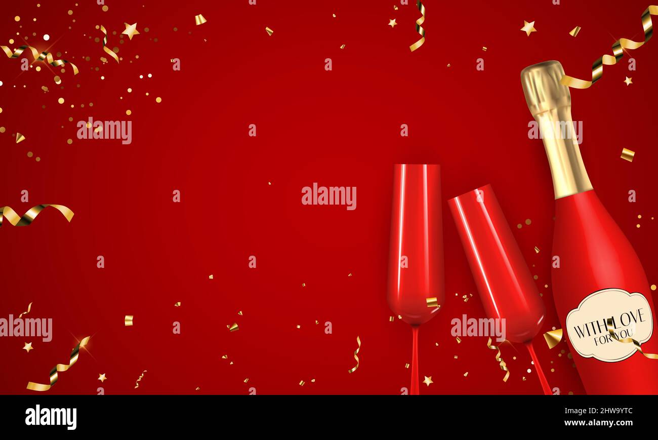 Abstract Red Party Holiday Background with Confetti and Golden Ribbon ...
