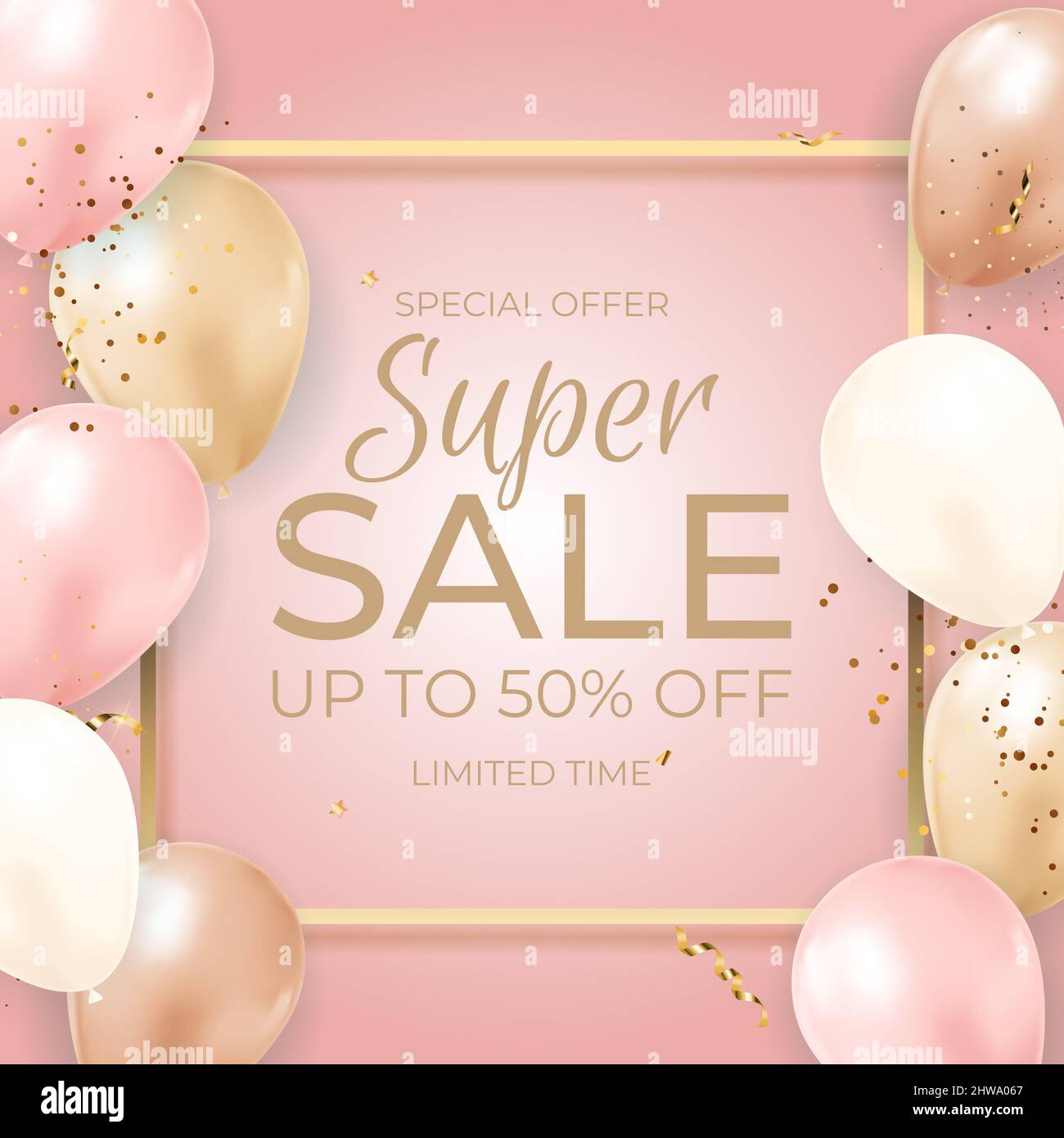 Super Sale Limited Time Background with Balloons, golden frame, ribbon ...