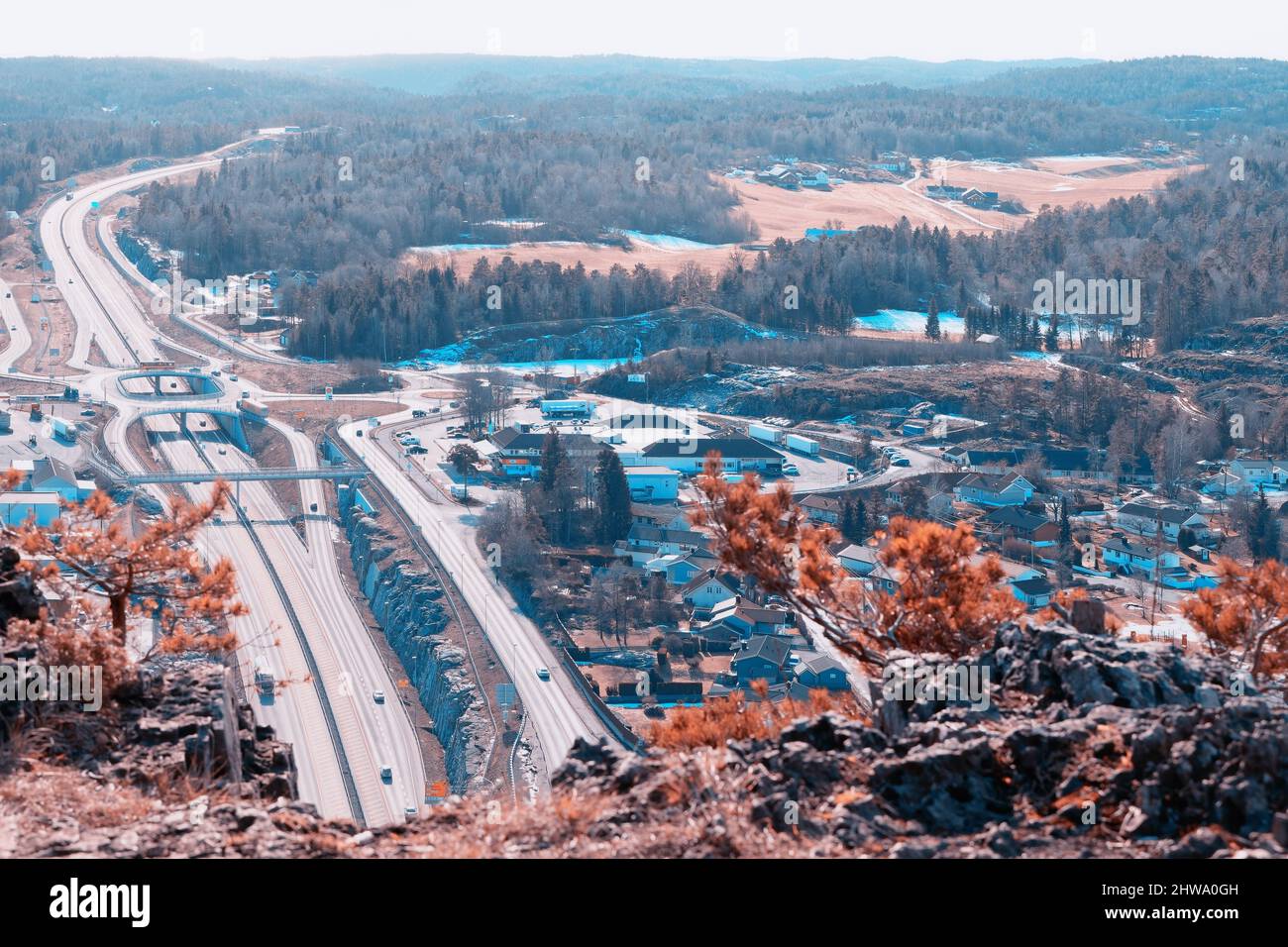 European Route E18 highway between Oslo and Kristiansand. Car passing ...