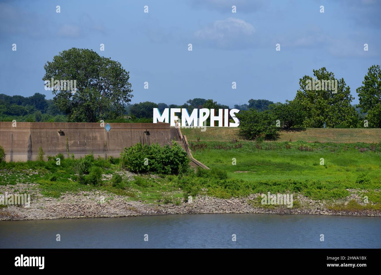 Large sign on Mud Island River Park says Memphis. Mississippi River can ...