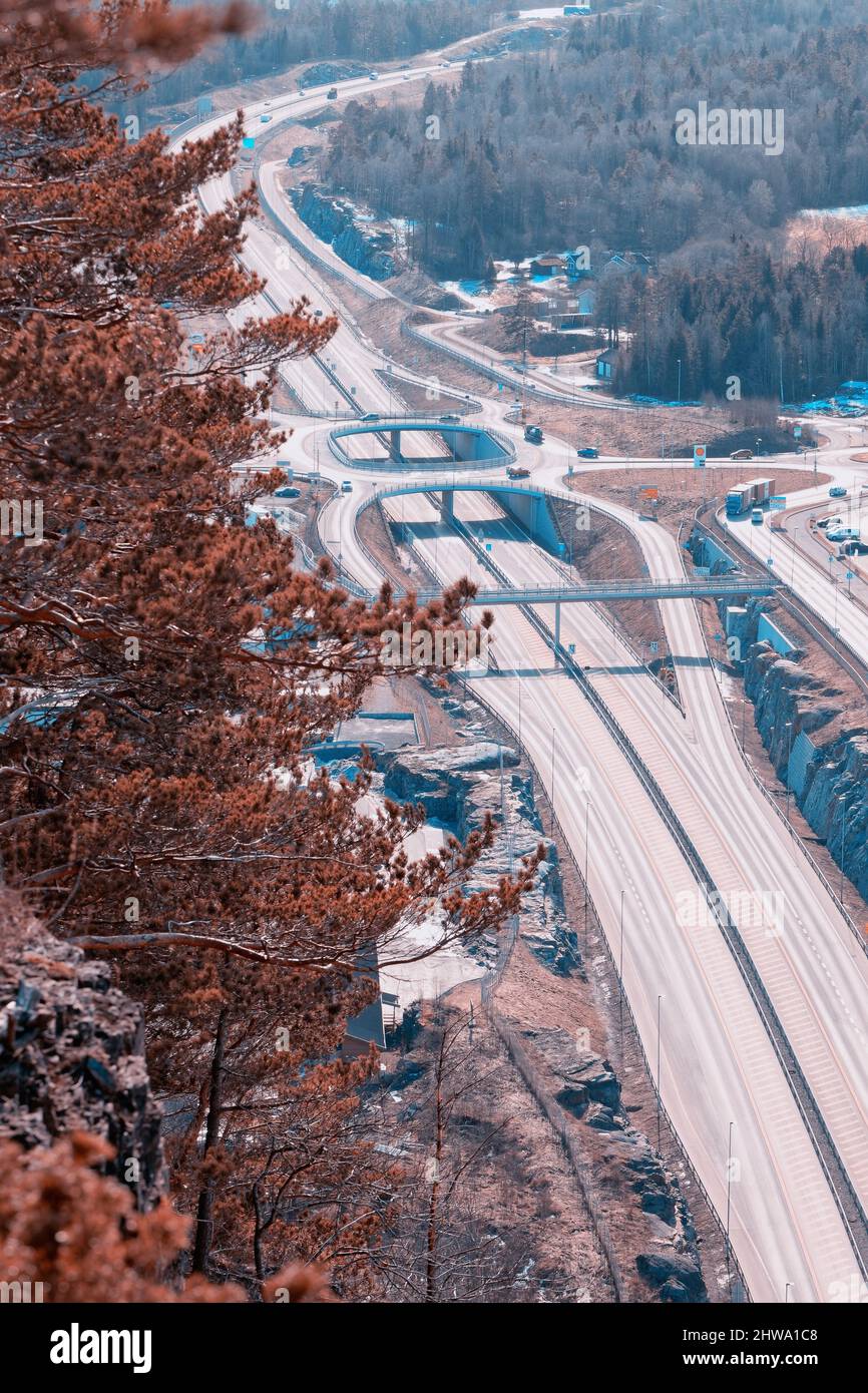 European Route E18 highway between Oslo and Kristiansand. Car passing ...