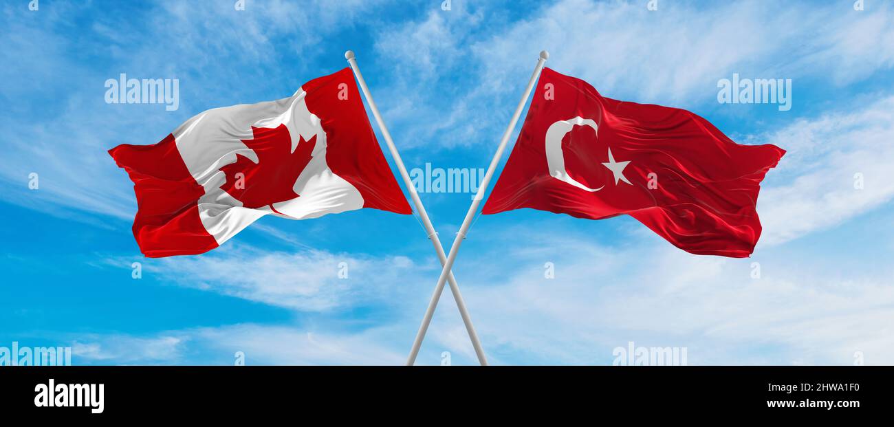 crossed national flags of Canada and Turkey flag waving in the wind at ...