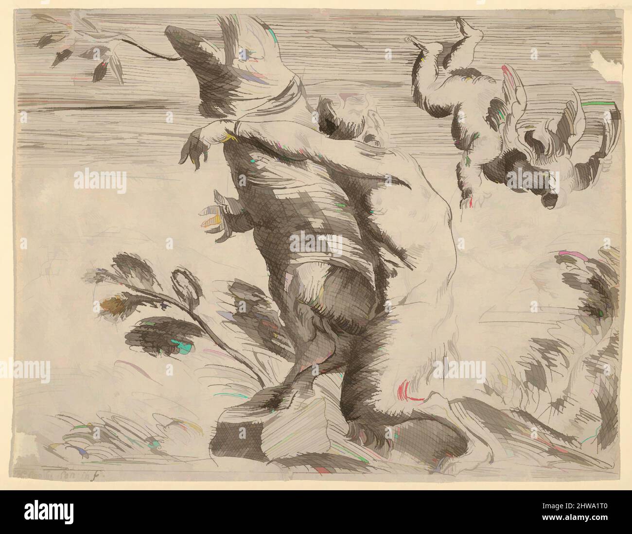 Art inspired by Drawings and Prints, Print, Winged putto whipping a ...
