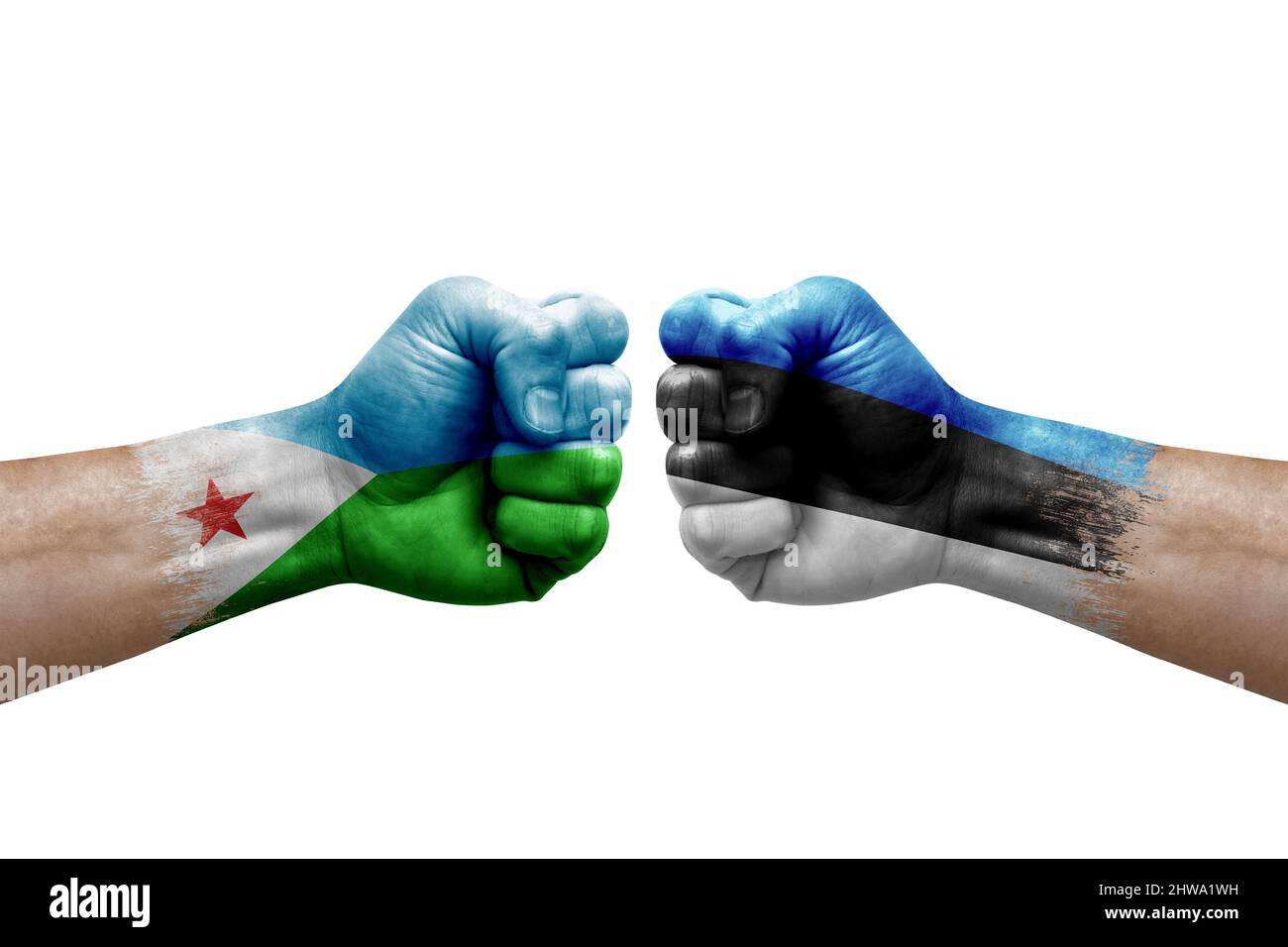 Two hands punch to each others on white background. Country flags ...
