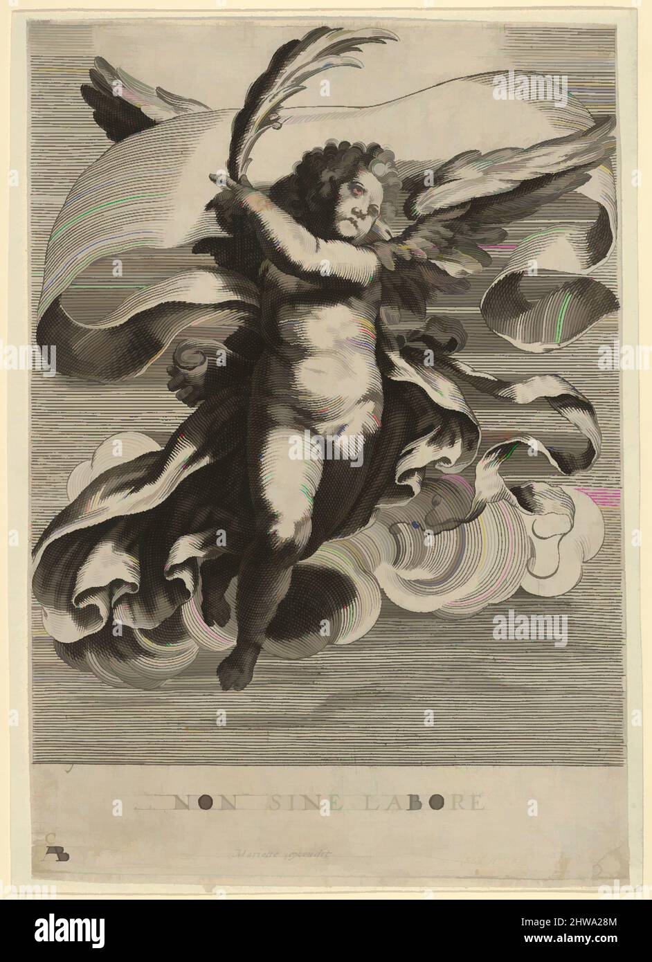 Art inspired by Drawings and Prints, Print, Winged genius holding a ...