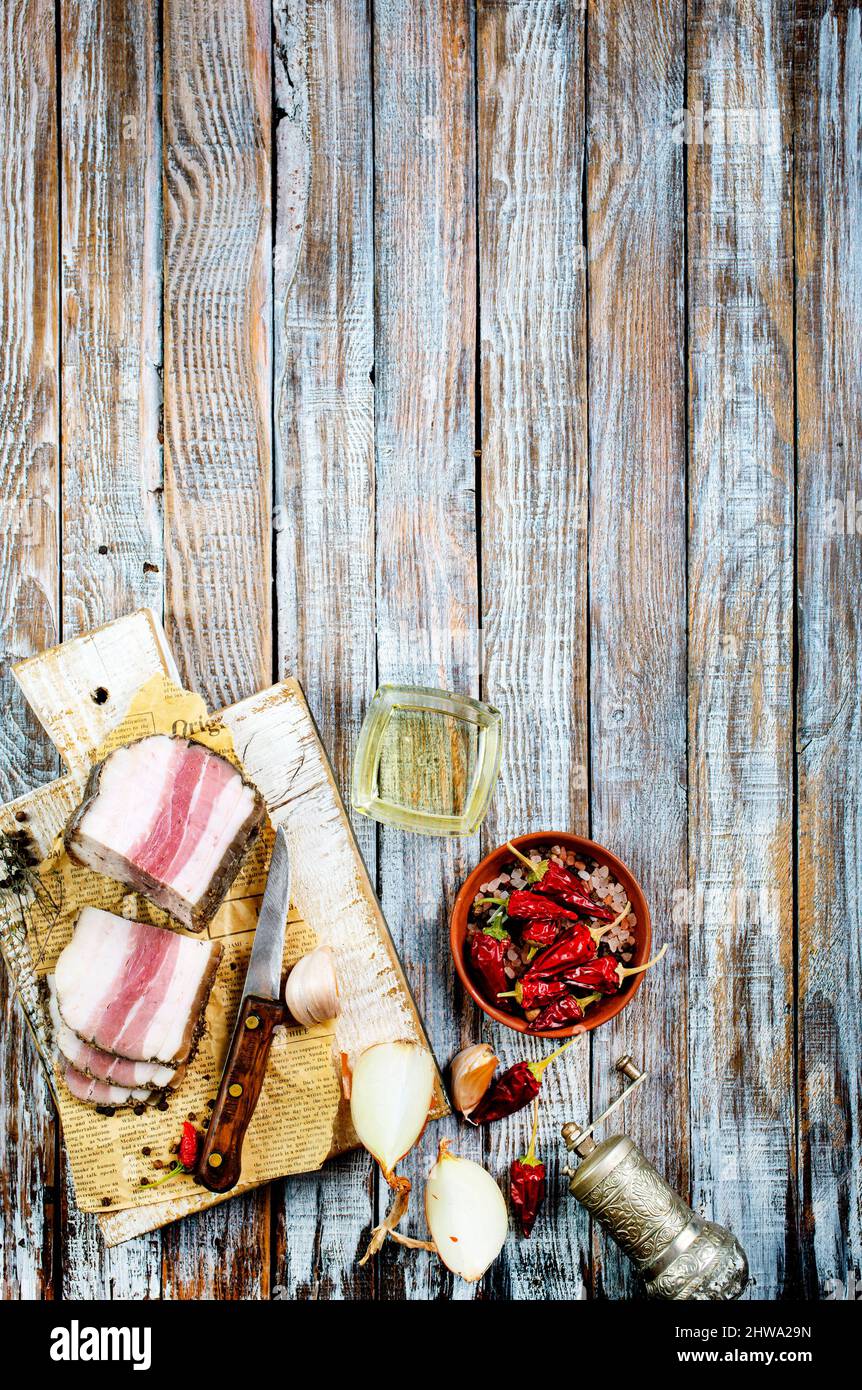 Chunks salted bacon on dark hi-res stock photography and images - Alamy