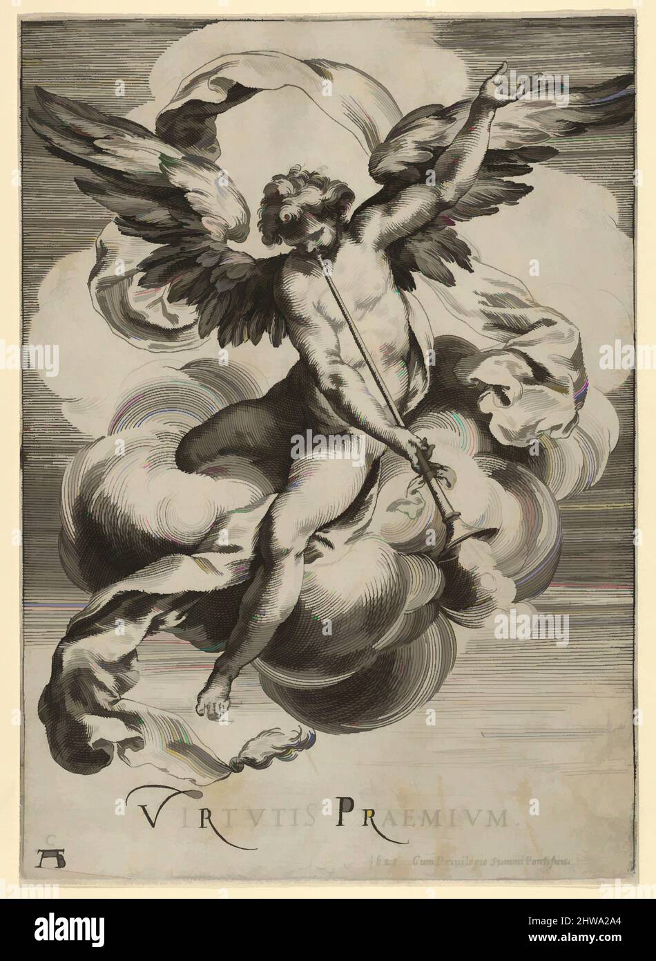 Art inspired by Winged genius seated on a cloud, sounding a trumpet ...