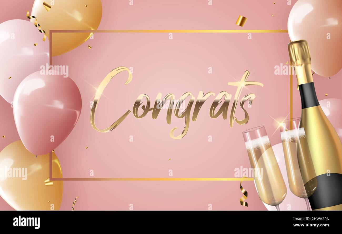 Realistic 3d balloon congrats background with bottle of champagne and a ...