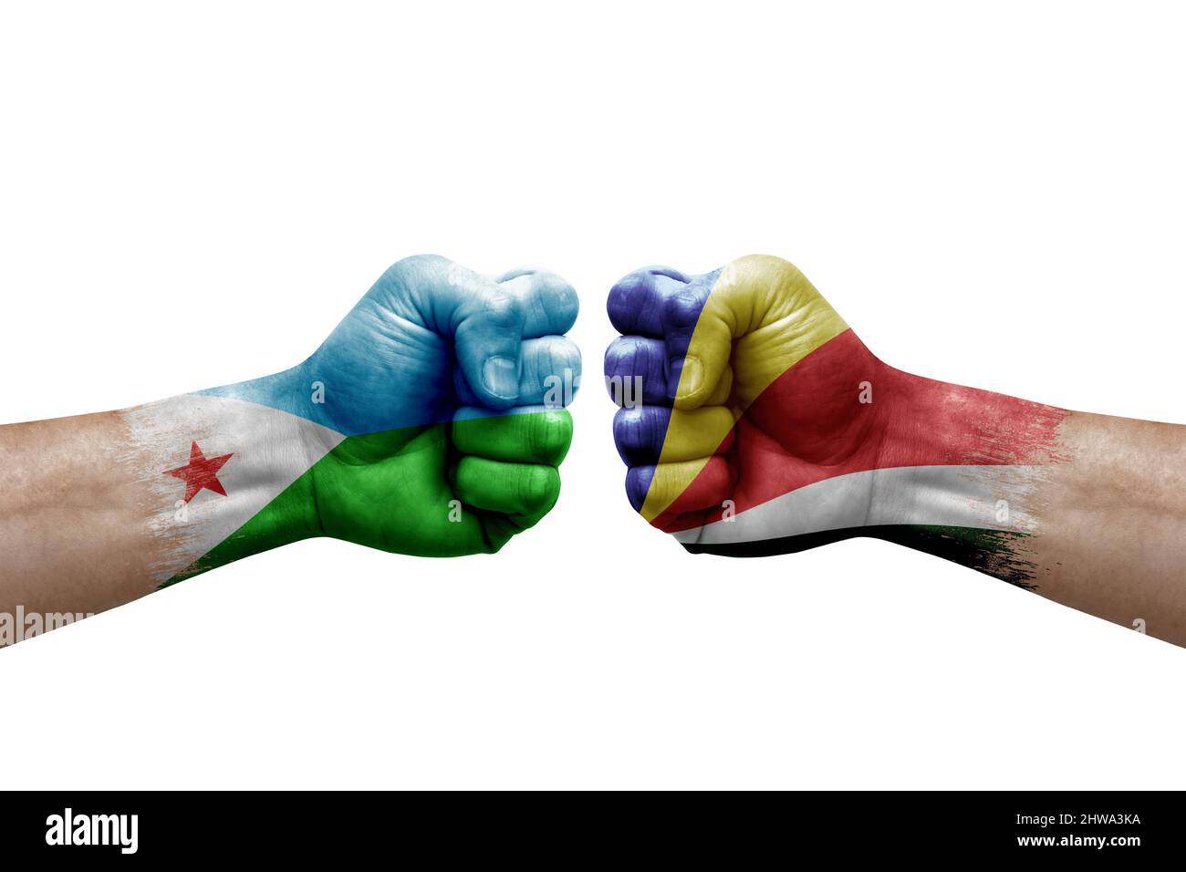 Two hands punch to each others on white background. Country flags ...