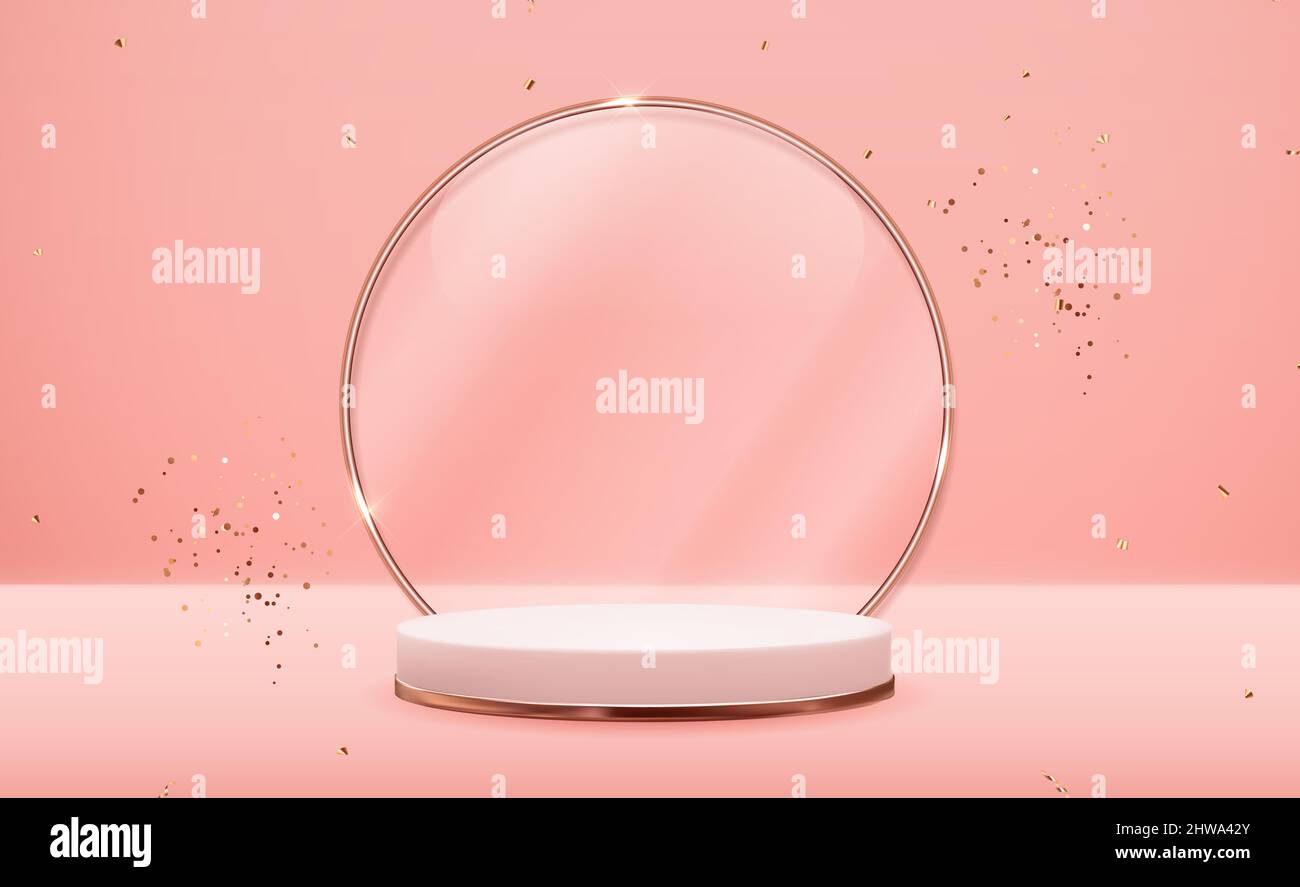 Realistic 3d Rose gold pedestal with golden glass ring frame over pink ...