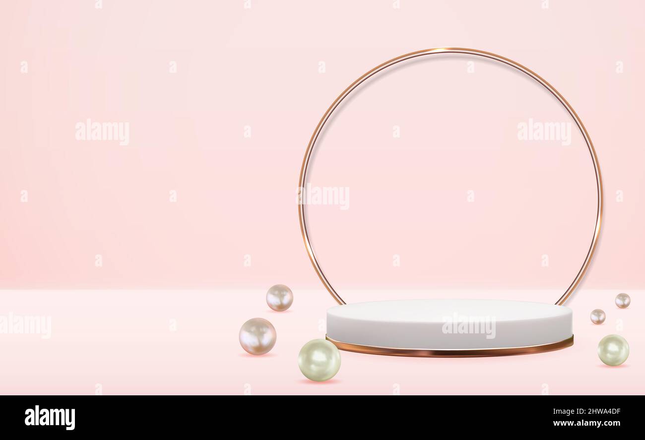 Realistic 3d rearl pedestal with golden glass ring frame over pink ...