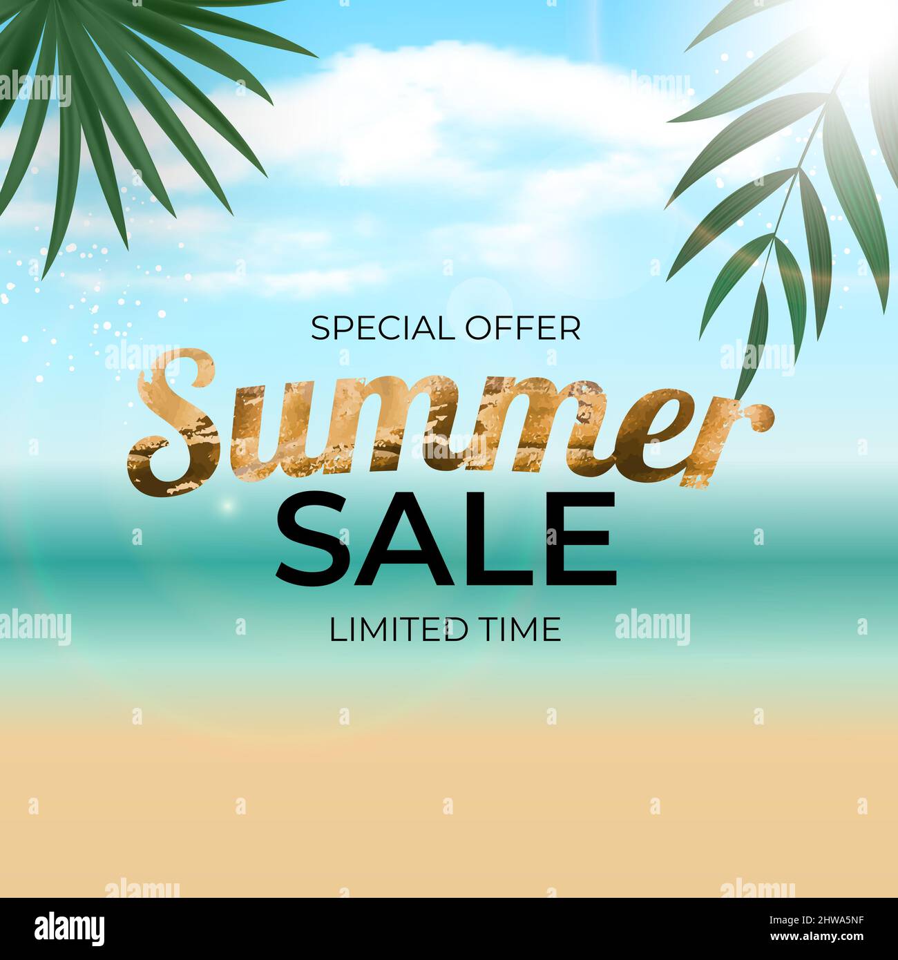 Summer Sale Poster Background with Paln Leaves and Sea. Illustration ...