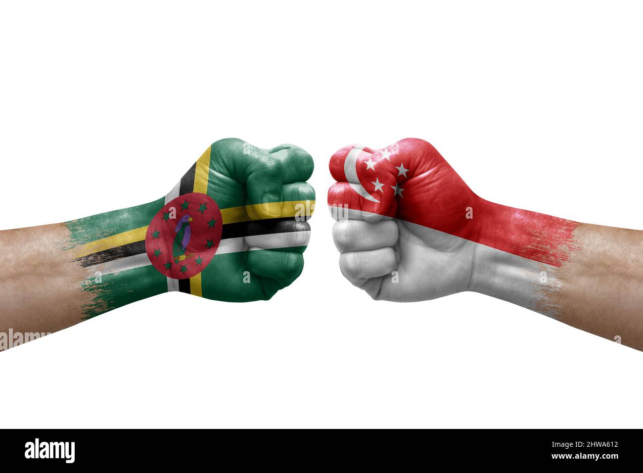 Two hands punch to each others on white background. Country flags ...