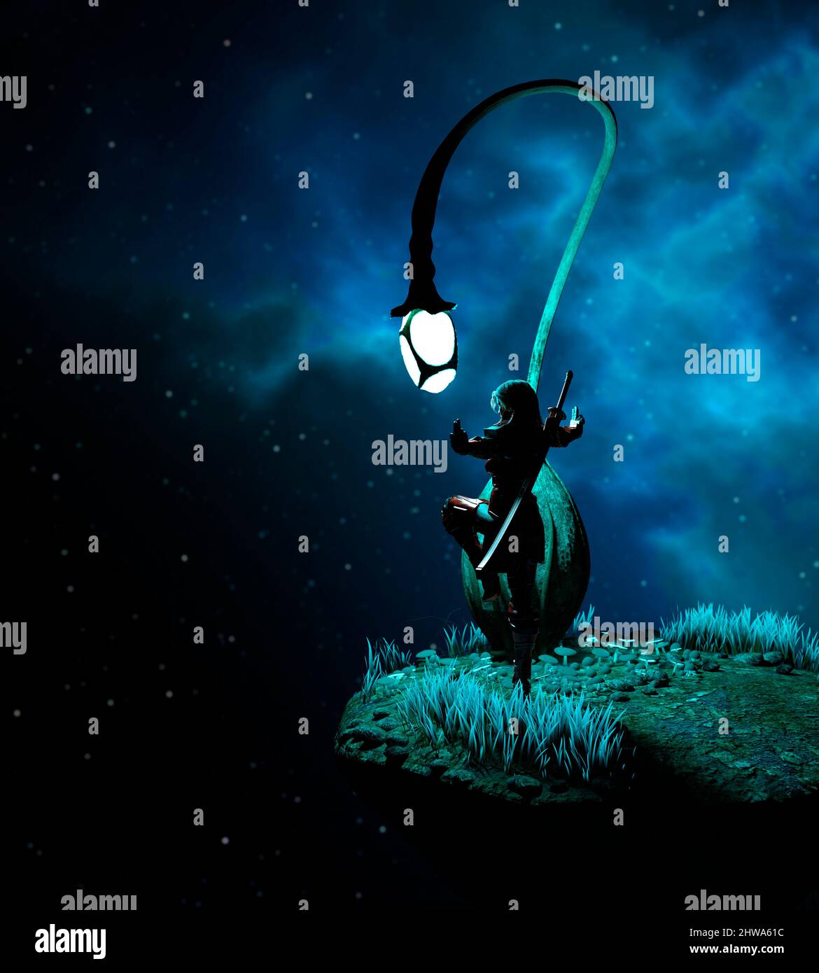 Night sky with stars, and an armored woman practicing yoga. 3d ...