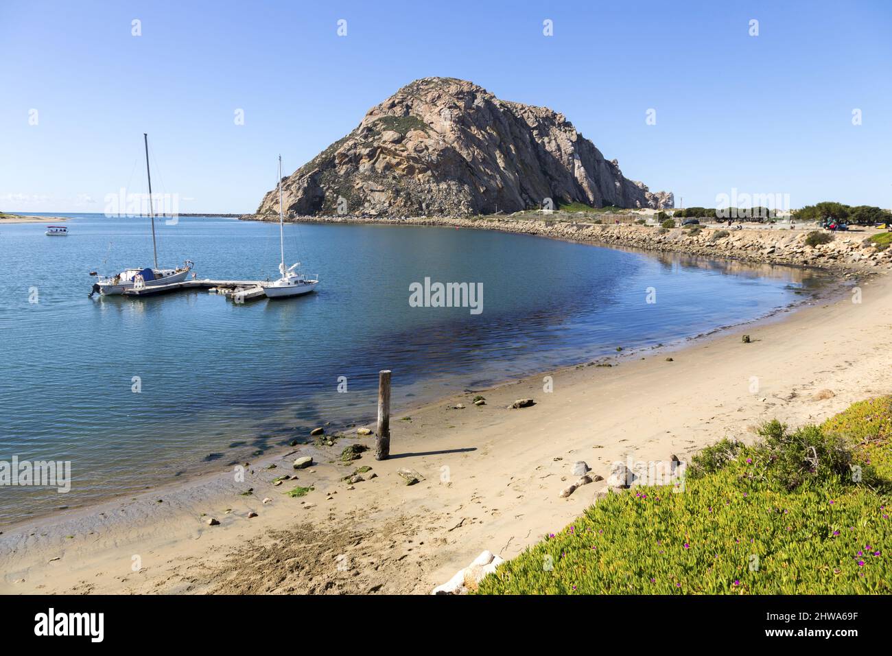 Morro Bay Rock and Harbor or Harbour Beach Landscape View. Moored Yacht ...