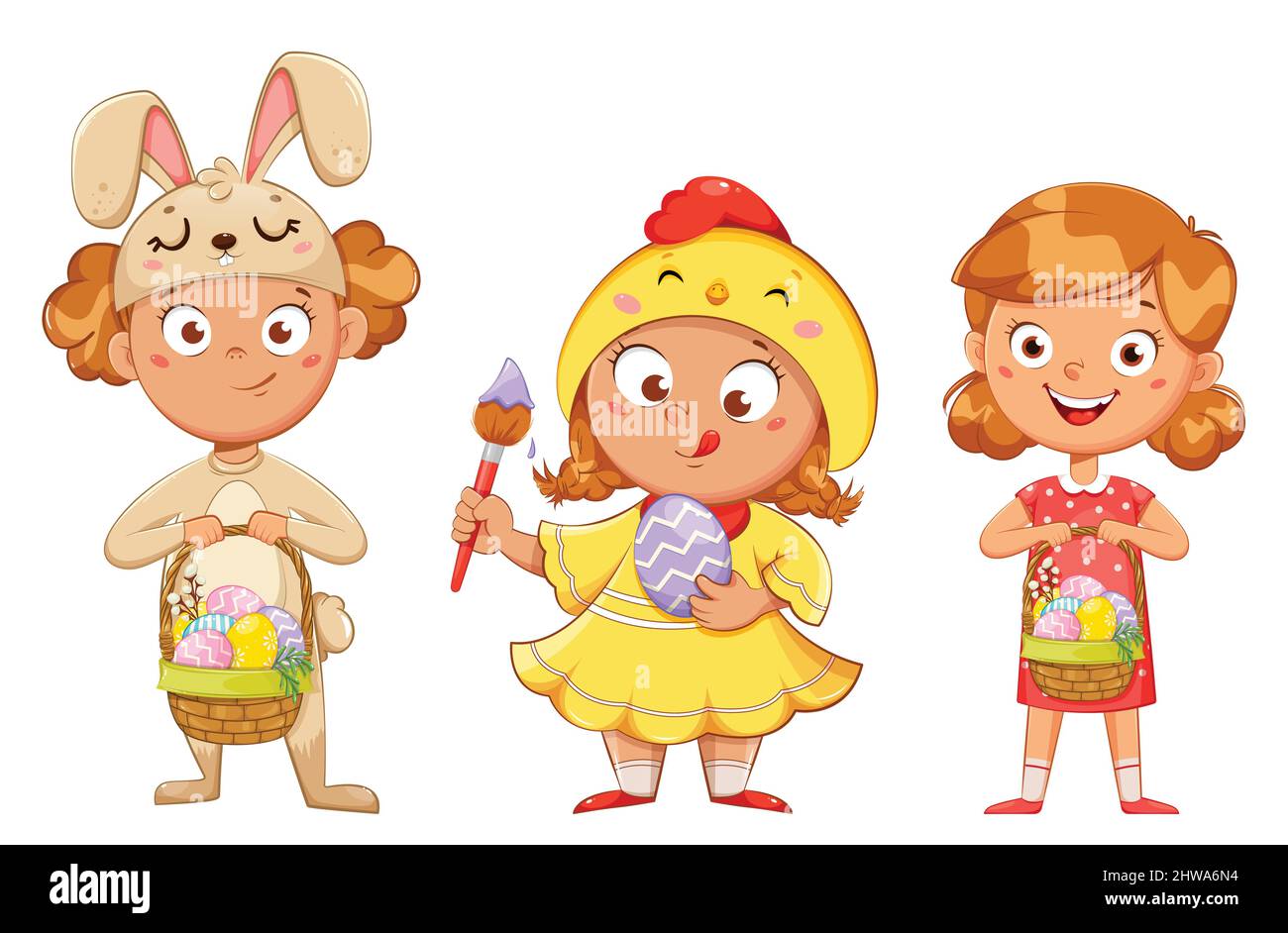 Happy Easter. Cute girl cartoon character in a costume of rabbit, in a ...