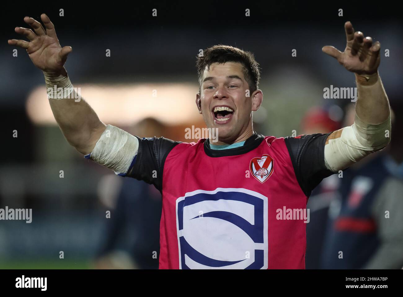 Louie McCarthy-Scarsbrook #15 of St Helens celebrates the final try for ...