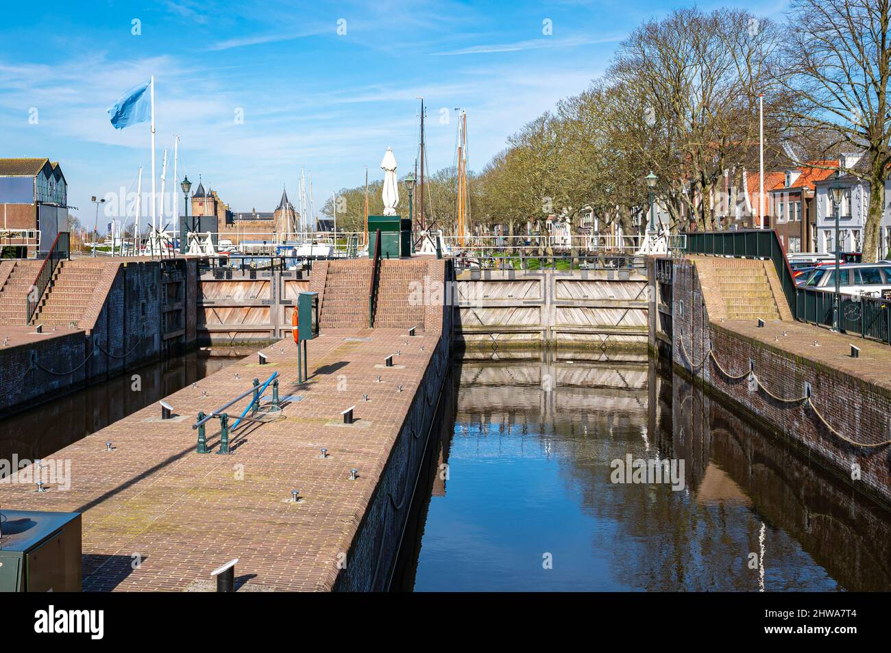 Sluice with wooden partitions in the historic town of Muiden ...