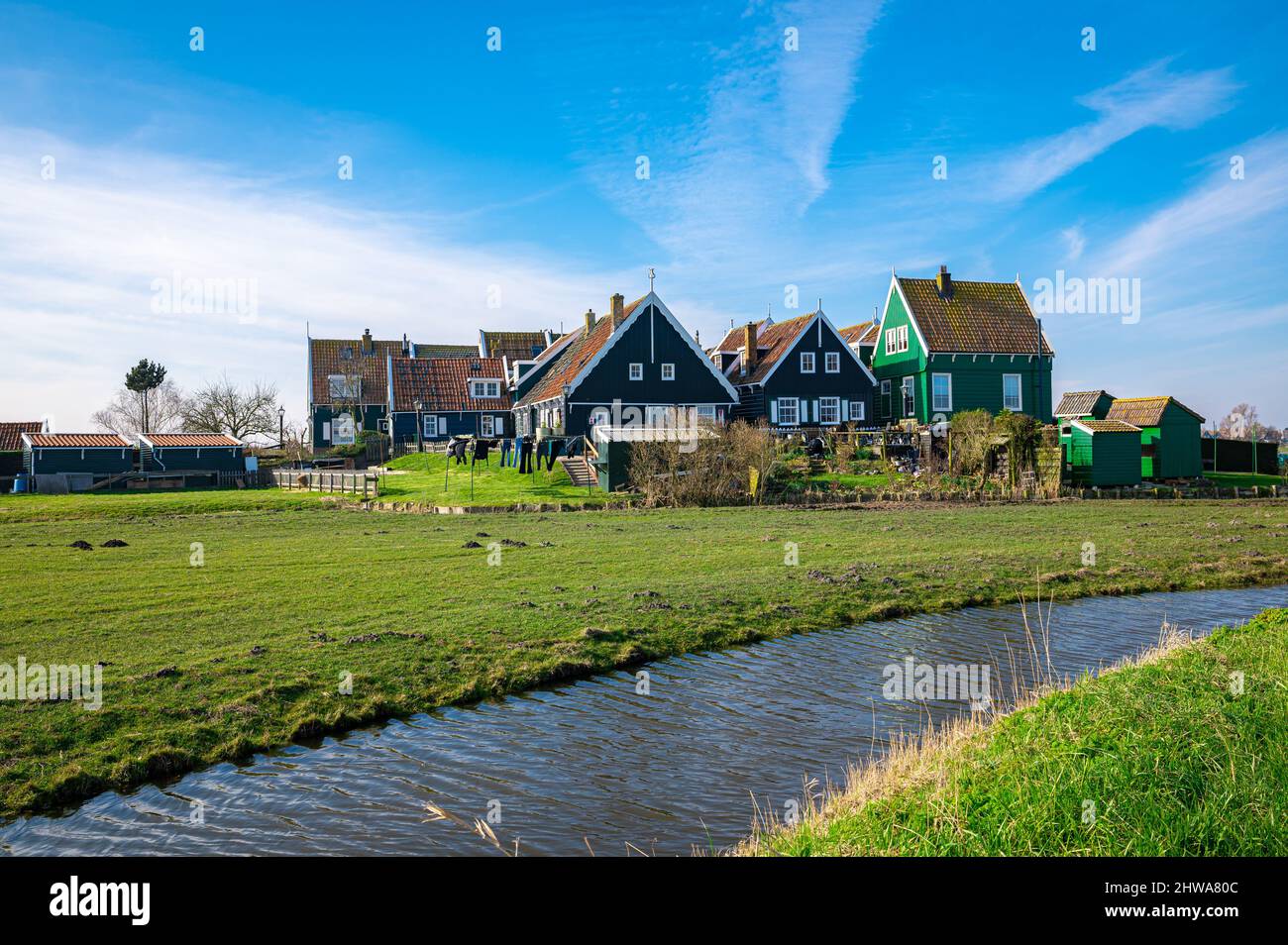 Traditional wooden Dutch farm houses on the small peninsula of Marken ...