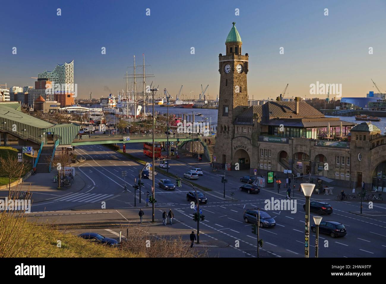 Elbphilharmonie, clock tower and water lever tower, St. Pauli Piers ...