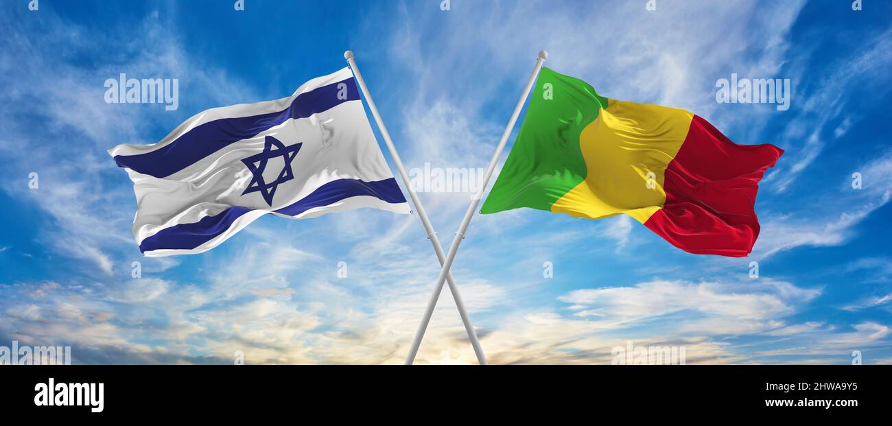 crossed national flags of Israel and Mali flag waving in the wind at ...