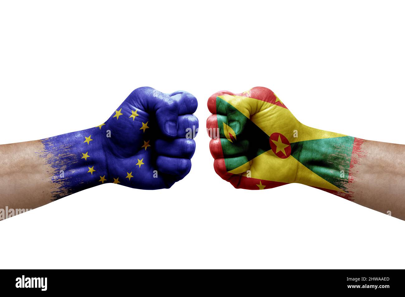 Two hands punch to each others on white background. Country flags ...