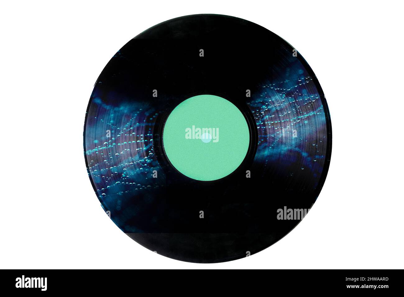 Vinyl record with blue color water drops isolated on white background ...