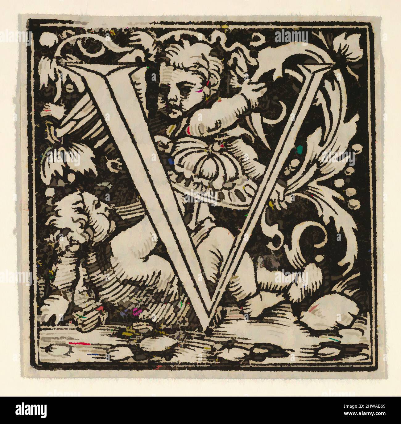 Art inspired by Drawings and Prints, Print, Initial letter V with putti ...