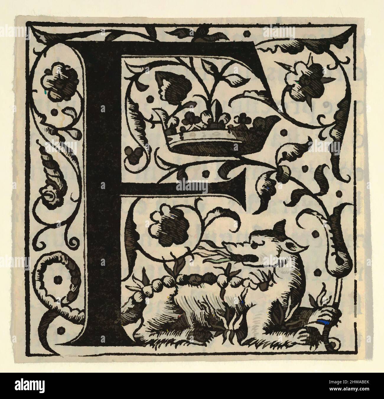 Art inspired by Drawings and Prints, Print, Initial letter F with lion ...
