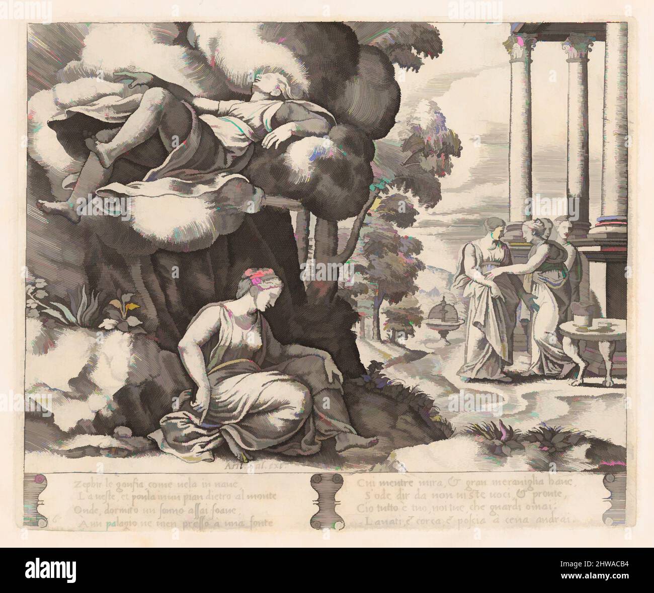 Art inspired by Drawings and Prints, Print, Plate 6: Zephyr carrying Psyche to an enchanted ...