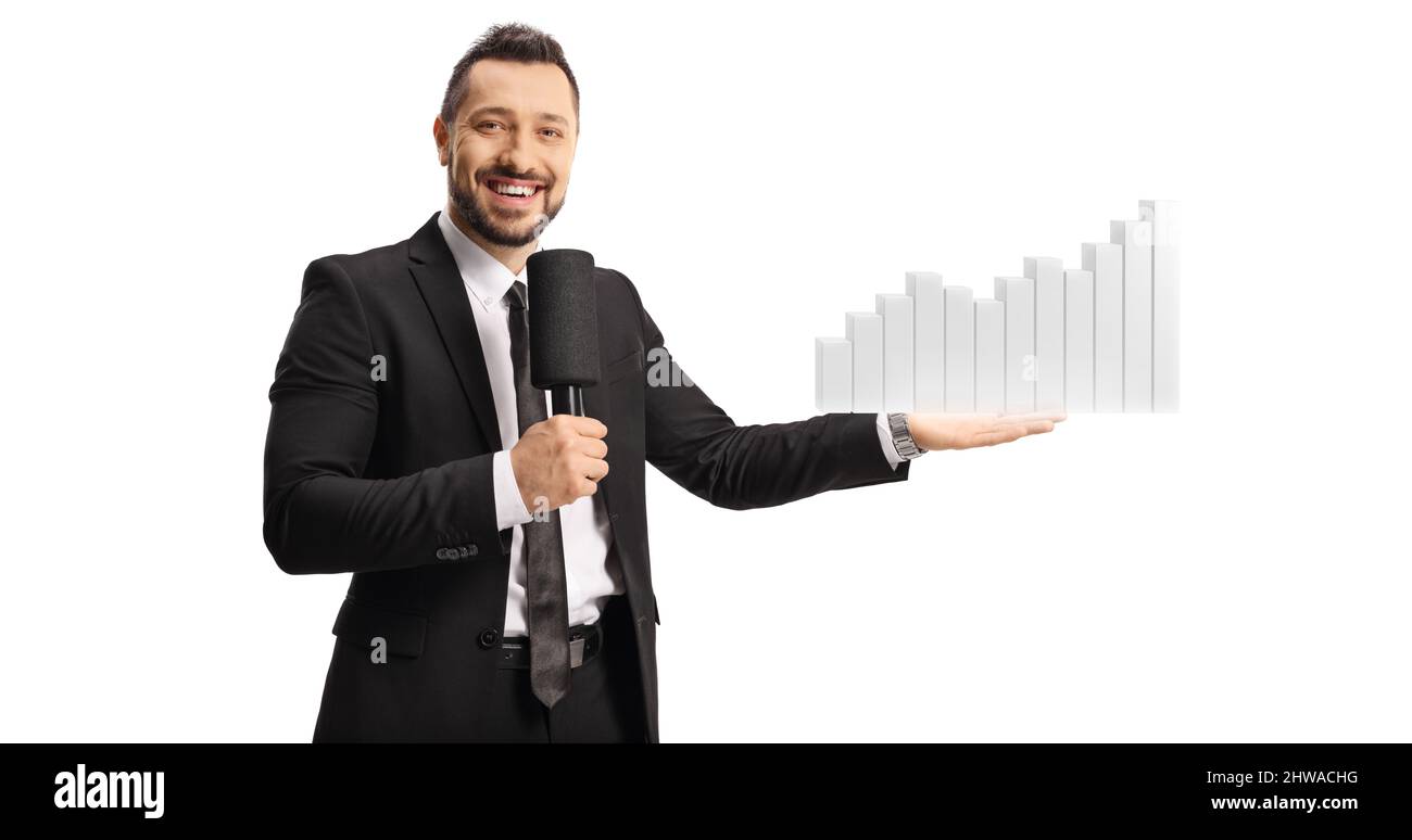 Tv speaker with a microphone presenting a bar chart isolated on white ...