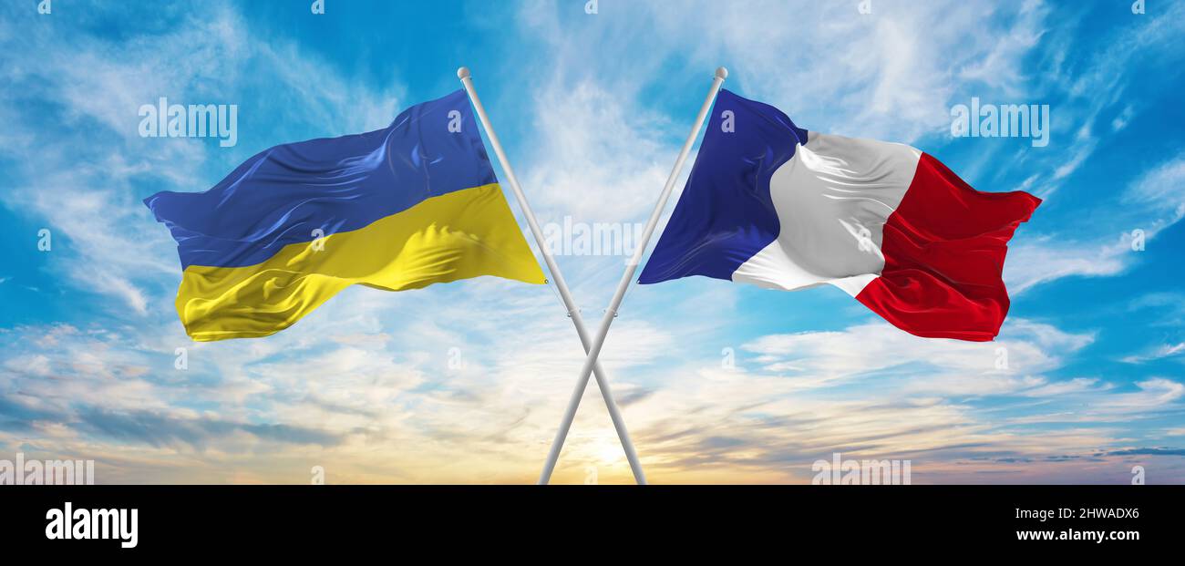 crossed national flags of Ukraine and France flag waving in wind at ...