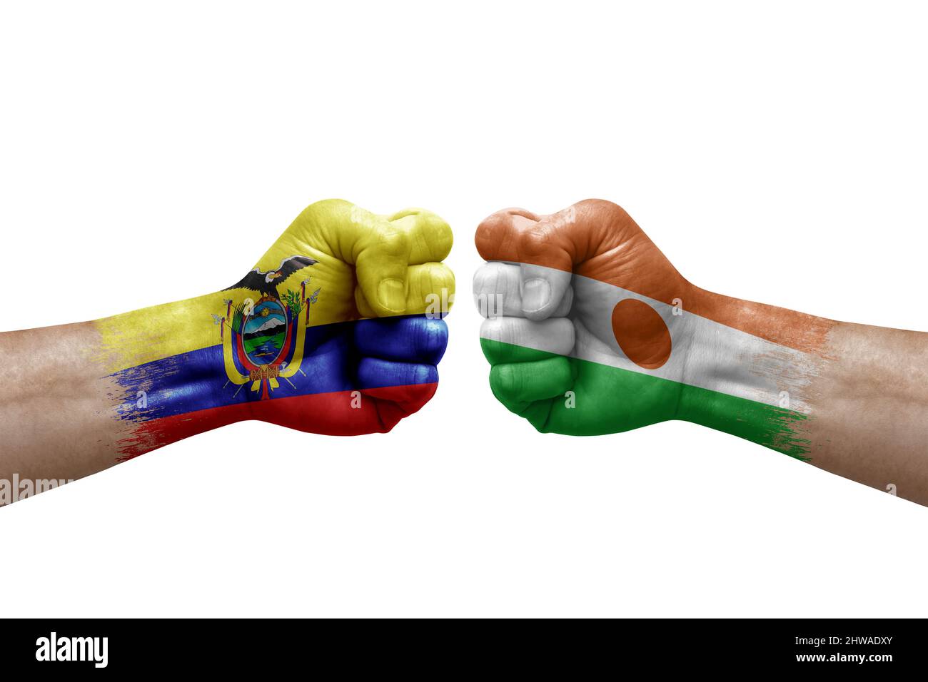 Two hands punch to each others on white background. Country flags ...