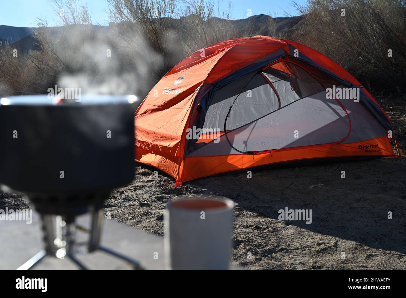 A tent in the sunlight on a desert morning with a steaming pot and mug ...