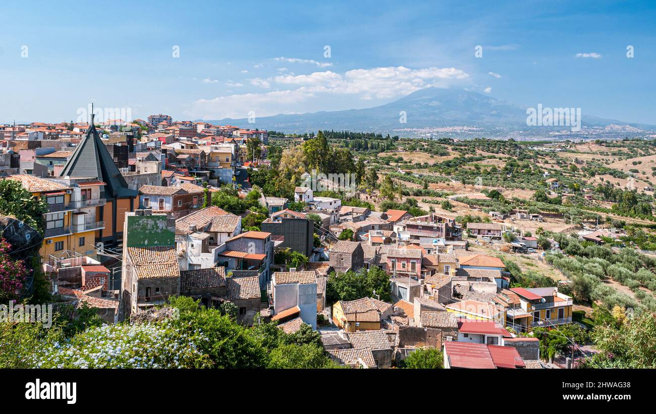 Panoramic view of Motta Sant'Anastasia, small town near Catania (Sicily ...