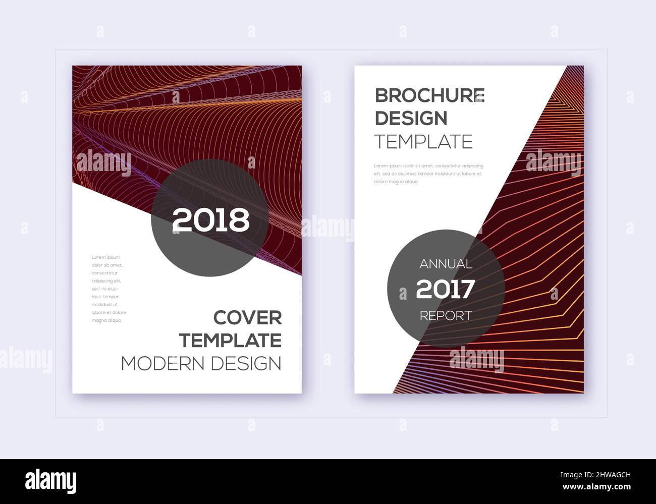Modern cover design template set. Orange abstract lines on wine red ...