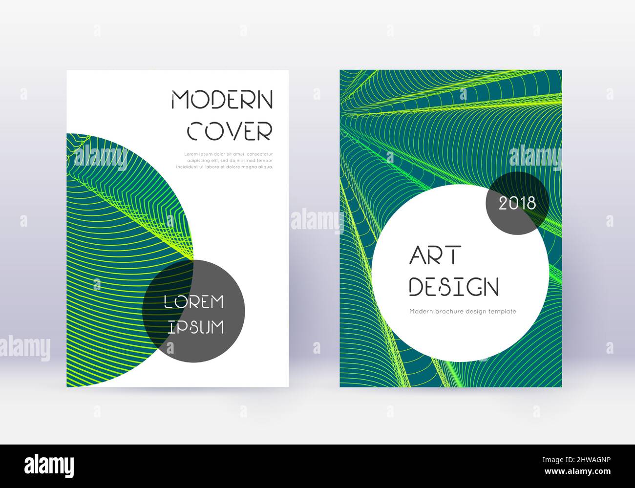 Trendy cover design template set. Green abstract lines on dark ...
