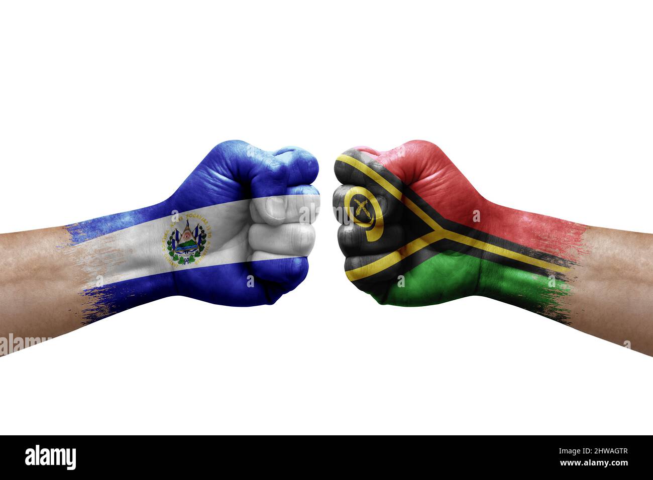 Two hands punch to each others on white background. Country flags ...