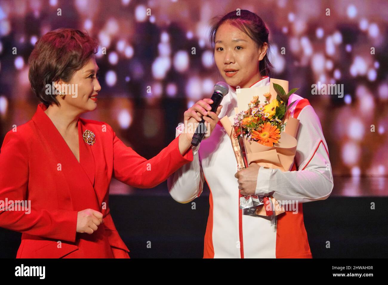 YANTAI, CHINA - MARCH 4, 2022 - Olympic champion Liu Shiying attends ...